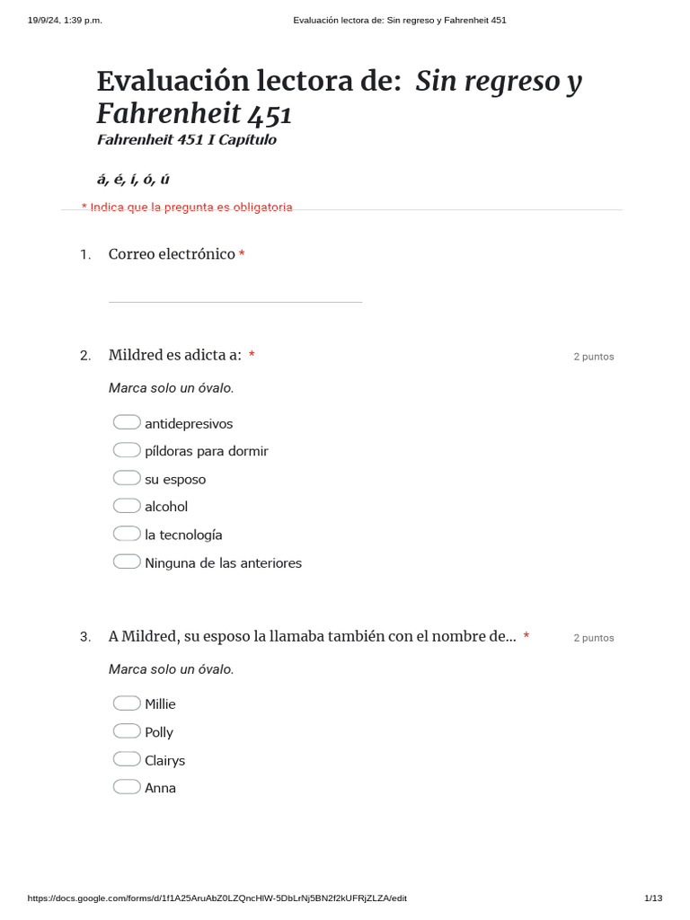 Evaluación Lectora de - Sin Regreso y Fahrenheit 451 - Formularios de ...