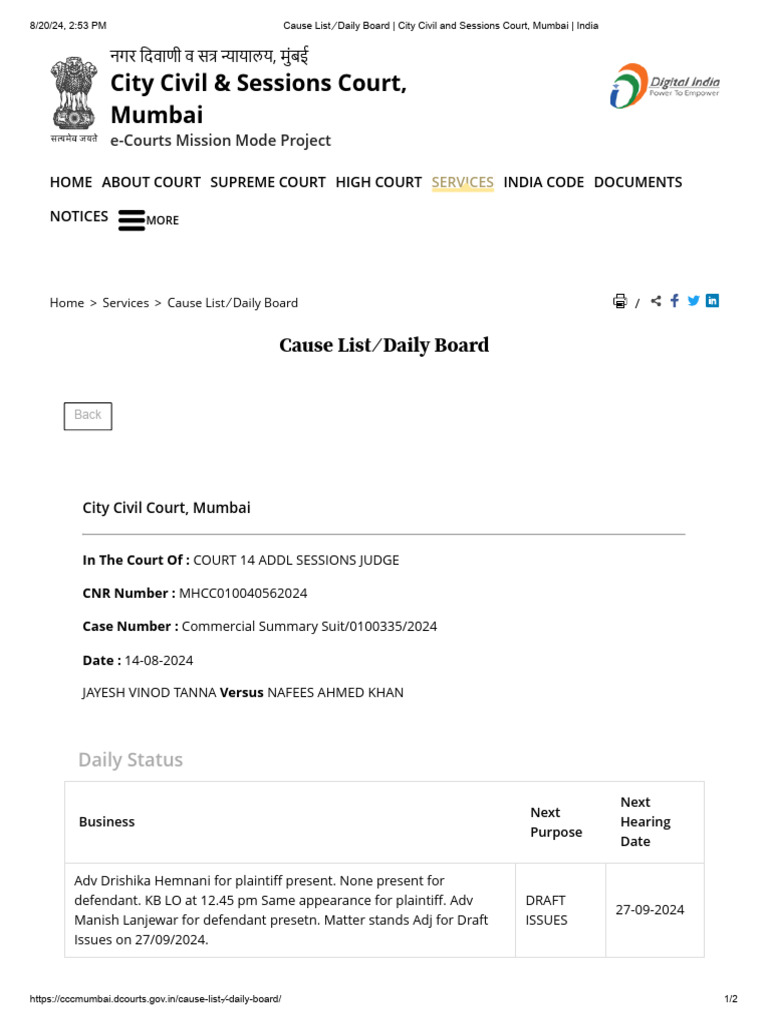 Cause List Daily Board - City Civil and Sessions Court, Mumbai - India ...