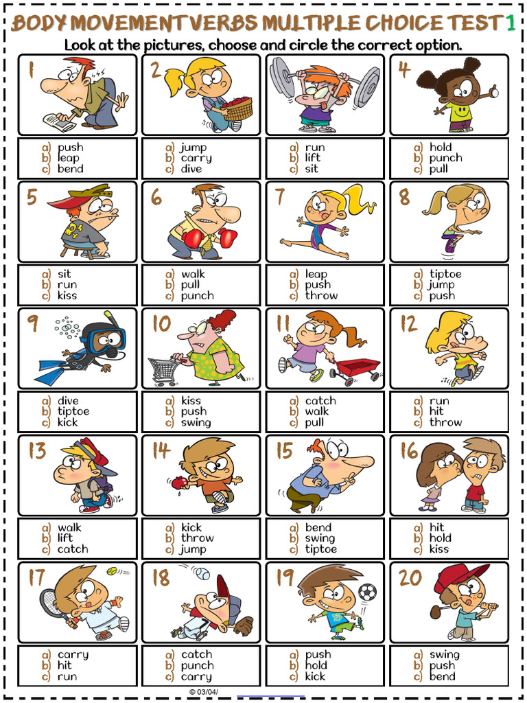 Body Movement Verbs Vocabulary Esl Multiple Choice Tests For Kids | PDF