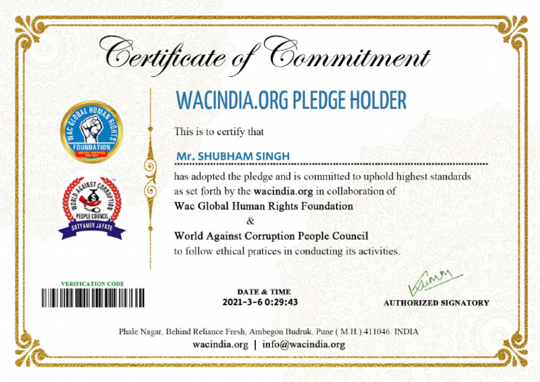 WAC India Pledge Certificate | PDF