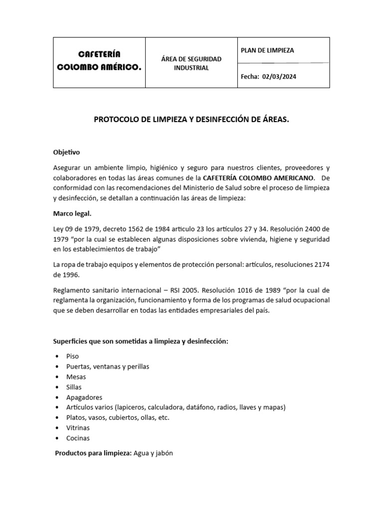 Protocolo de Limpieza y Desinfección de Áreas | PDF