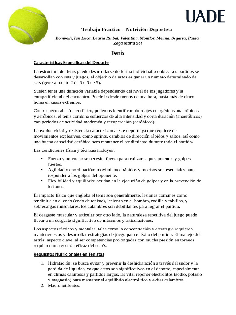 Trabajo Practico Tenis - Nutricion en El Deporte 1 | PDF