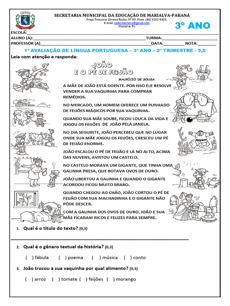 AVALIAÇÃO PORTUGUÊS - 3 ANO - 2 TRIMESTRE | PDF
