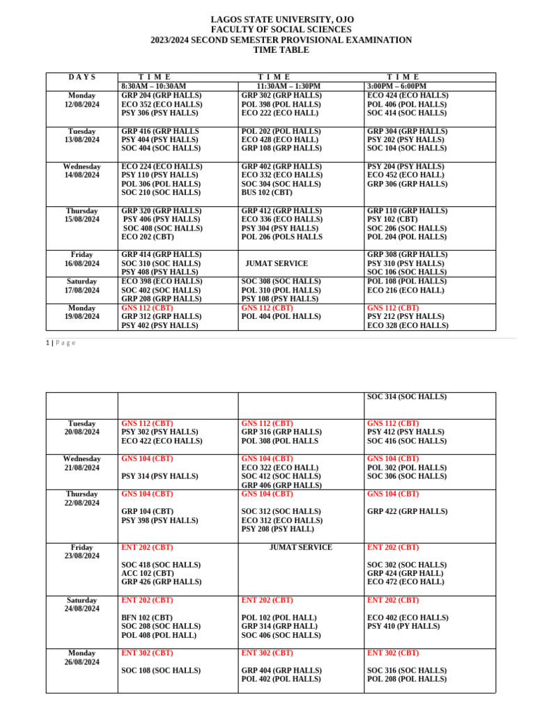 Provisional FSS Second Semester 220232024 Timetable | PDF