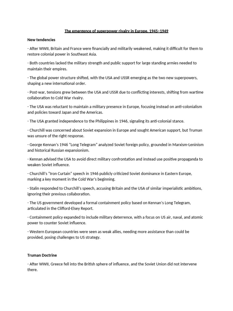 The Emergence of Superpower Rivalry in Europe Notes | PDF