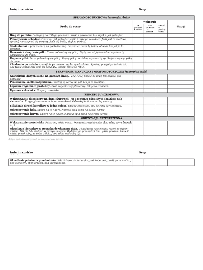 Arkusz Do Oceny Rozwoju Dziecka 3-Letniego | PDF