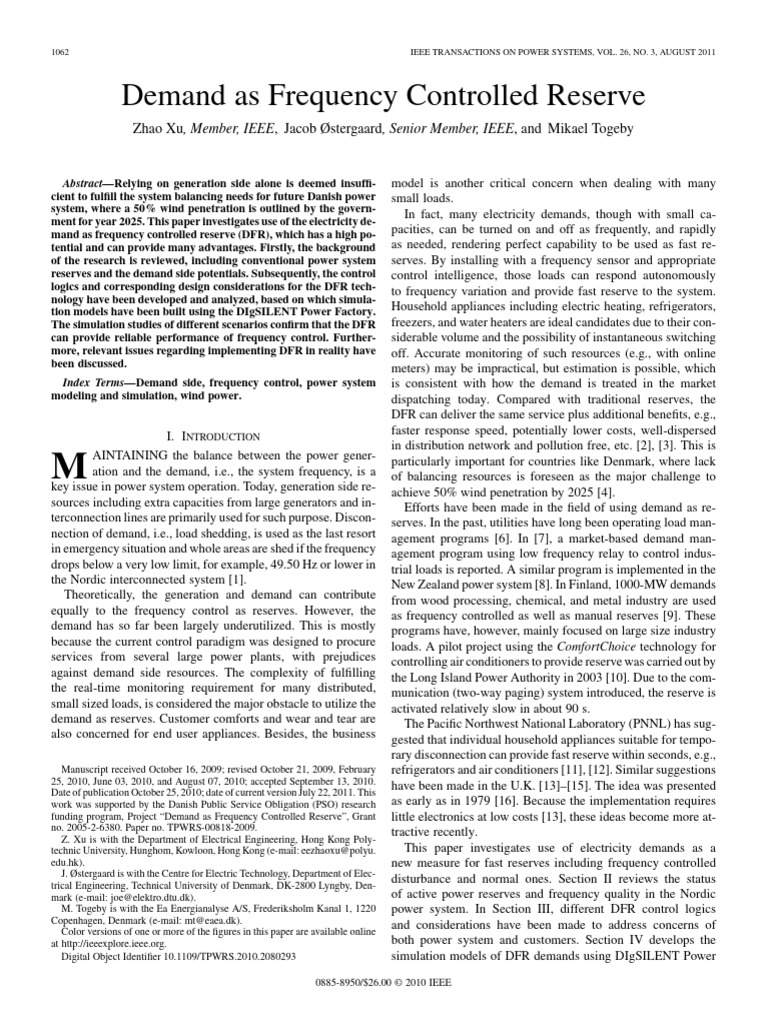 Demand As Frequency Controlled Reserve | PDF