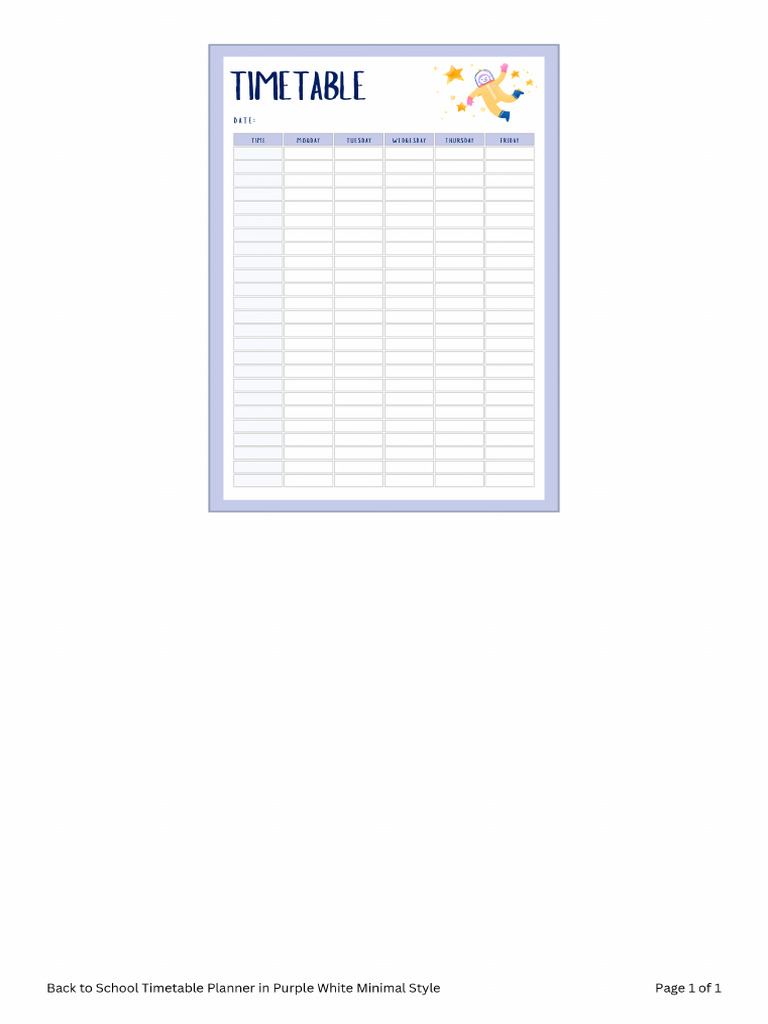 Back To School Timetable Planner in Purple White Minimal Style | PDF
