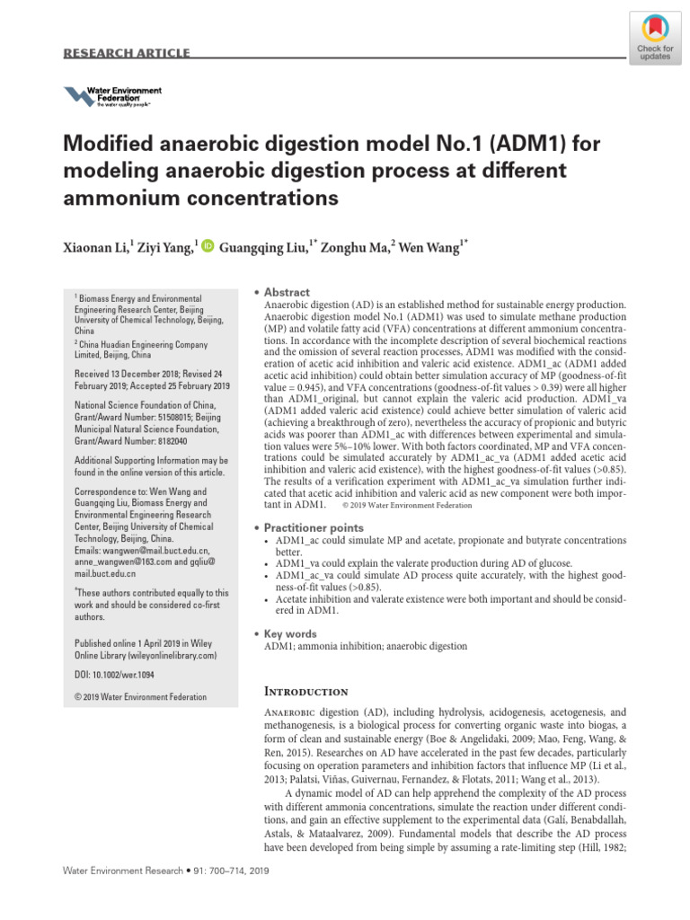 XIAOAN - 2019 - Modified Anaerobic Digestion Model No 1 (ADM) For Modeling | PDF