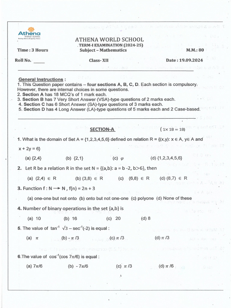 Term-I, Xii, Maths 24-25 | PDF