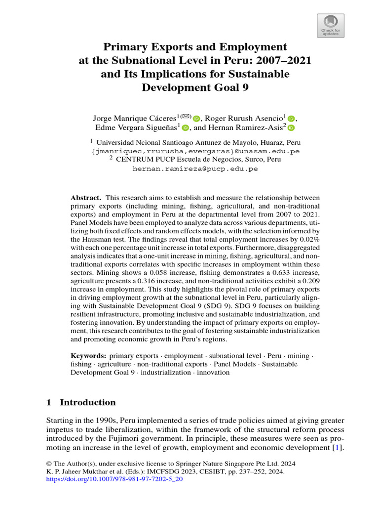 Primary Exports and Employment at The Subnational Level in Peru: 2007 ...