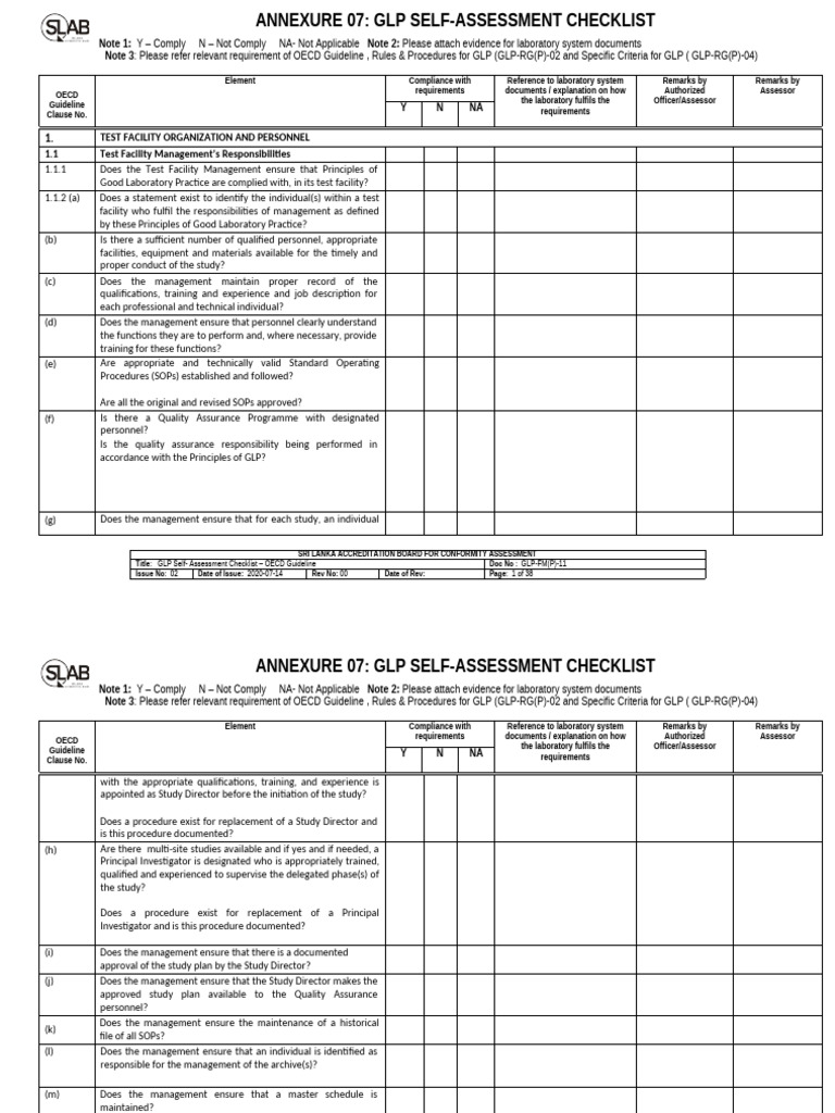 GLP FMP 11 Self Assessment Checklist | PDF