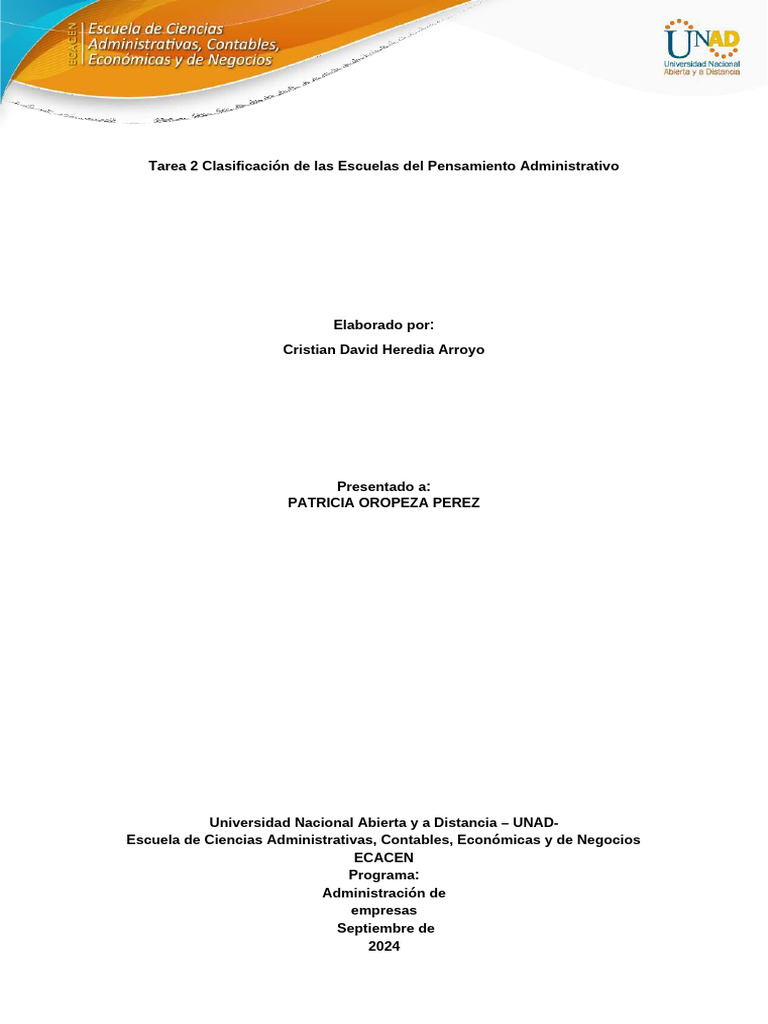 Plantilla Tarea 2 Clasificación de Las Escuelas Del Pensamiento Administrativo-Comprimido | PDF