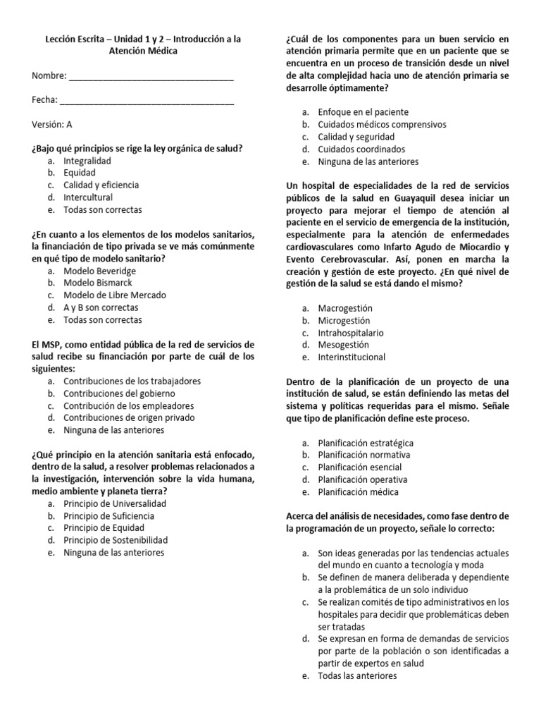 Lección Escrita U1 y U2 Version A1 | PDF