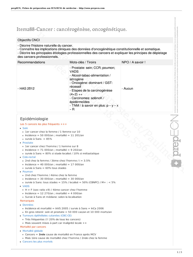 Item 288 Cancer Cancerogenese Oncogenetique Ecn | PDF