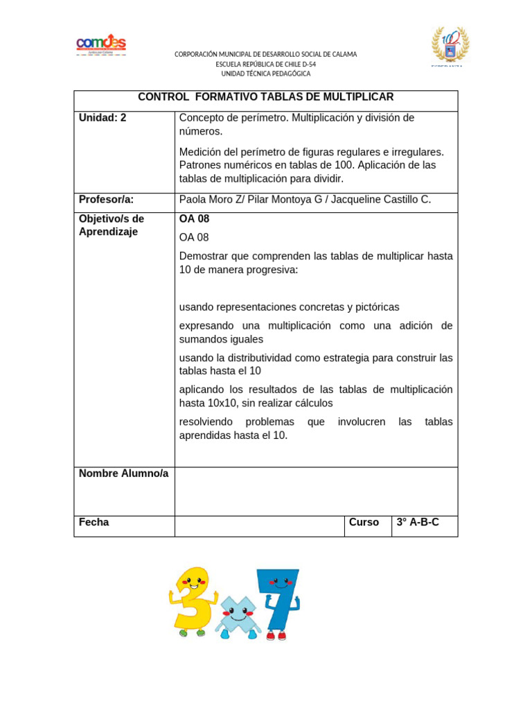 CONTROL Tablas de Multiplicar | PDF