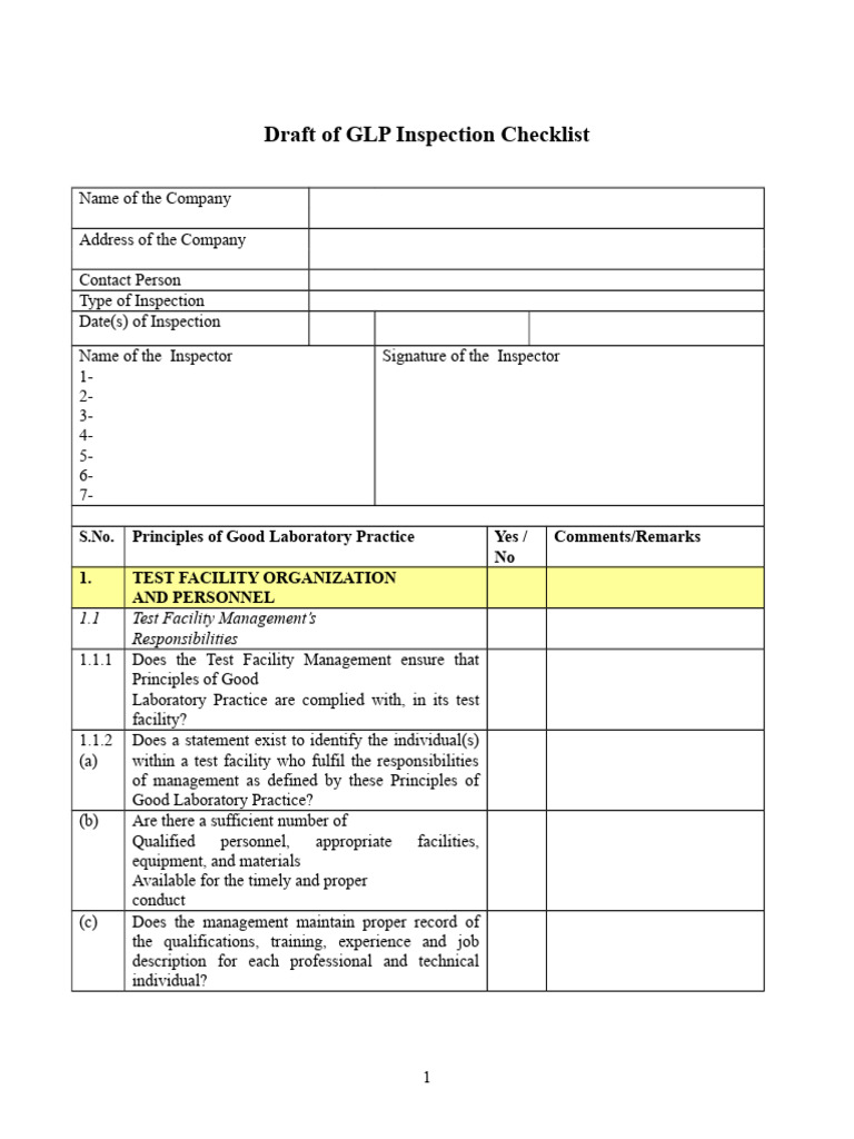 Draft of GLP Inspection Checklist | PDF