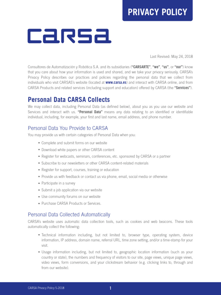 Carsa Privacy Policy | PDF