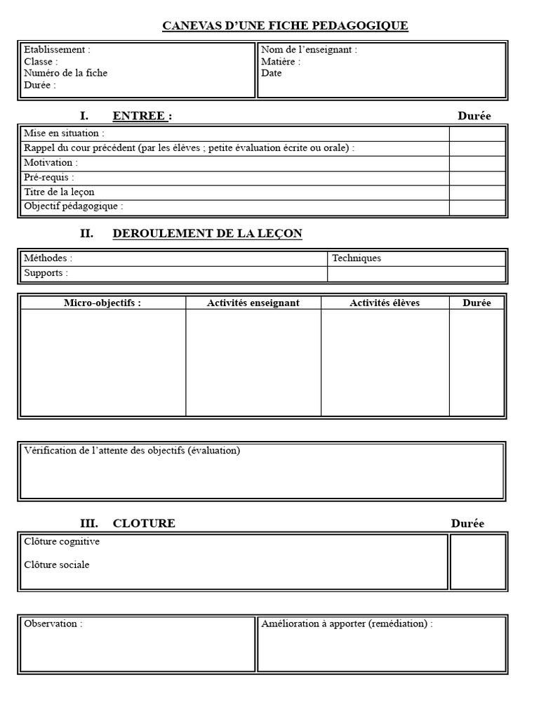 CANEVAS D'UNE FICHE PEDAGOGIQUE | PDF