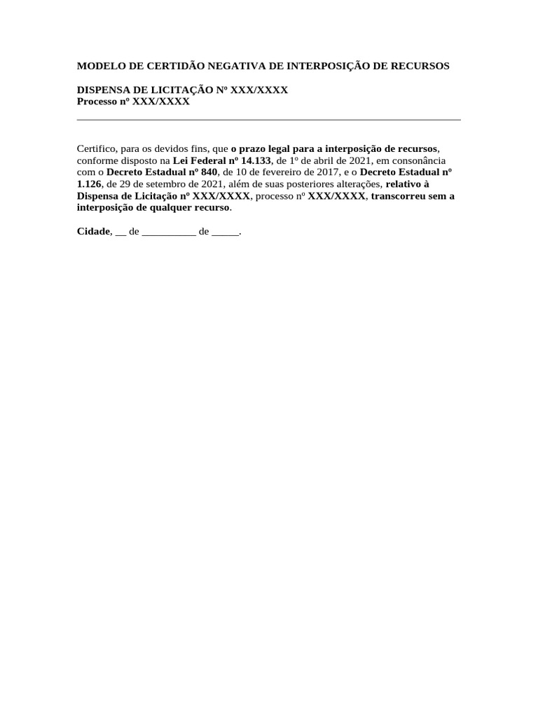 Modelo de Certidão Negativa de Interposição de Recursos | PDF Modelo de Certidão Negativa de Interposição de Recursos | PDF