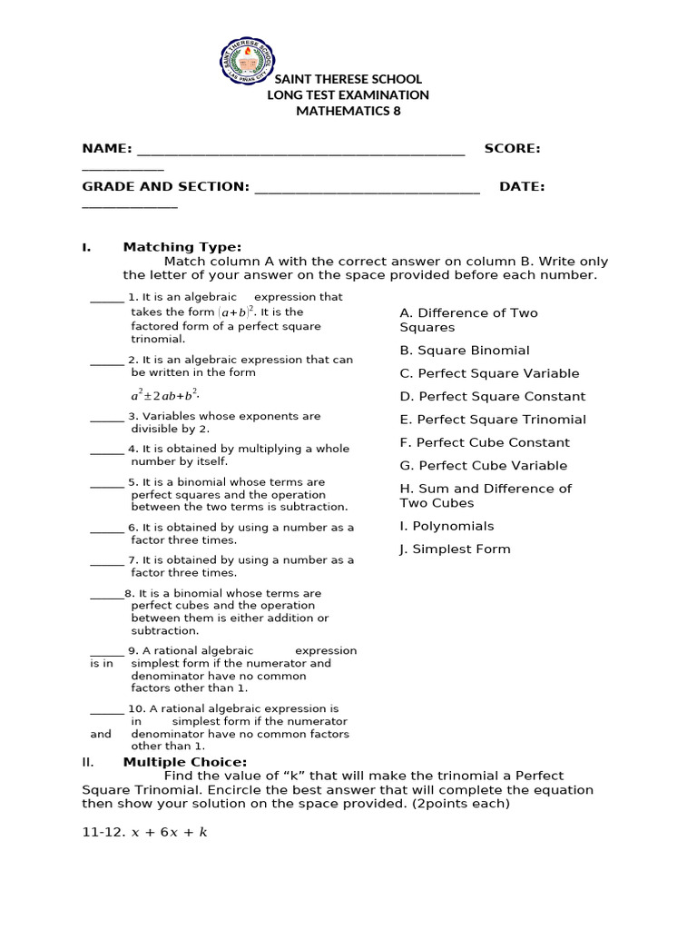 Grade 8 - Math Long Test 1st Quarter | PDF | Factorization ...