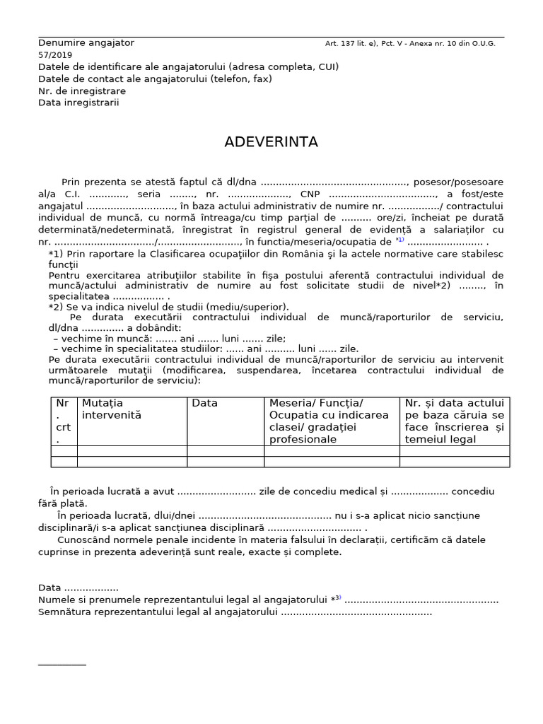 Adeverinta Vechime - Model Orientativ | PDF