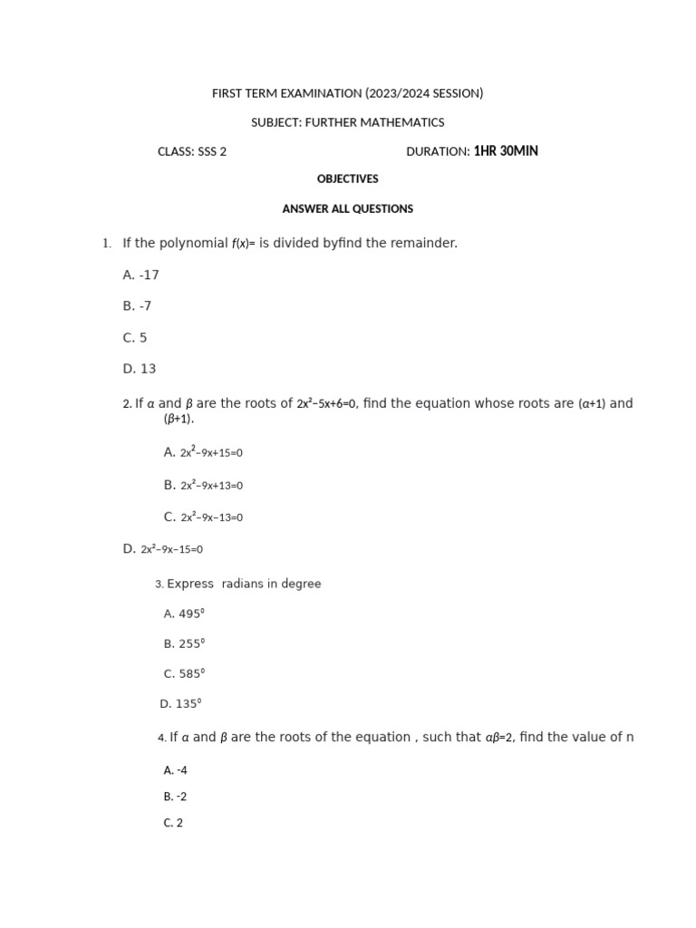 First Term Further Mathematics Ss2 | PDF