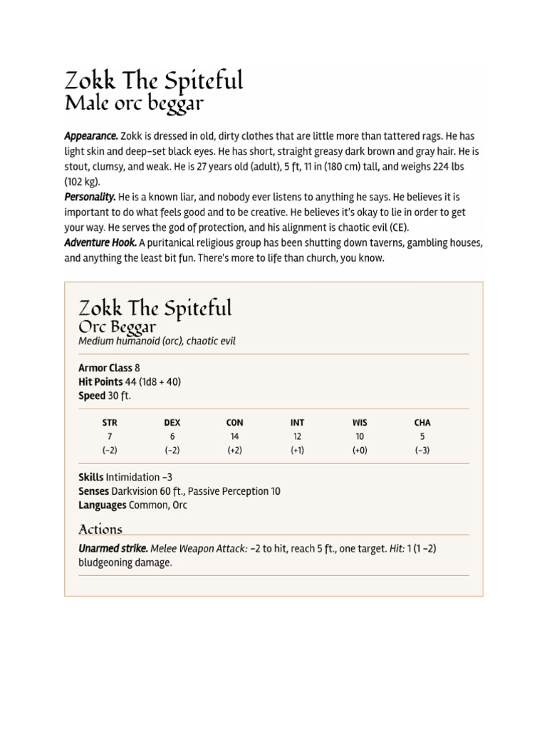 Zokk The Spiteful the Male orc beggar | PDF