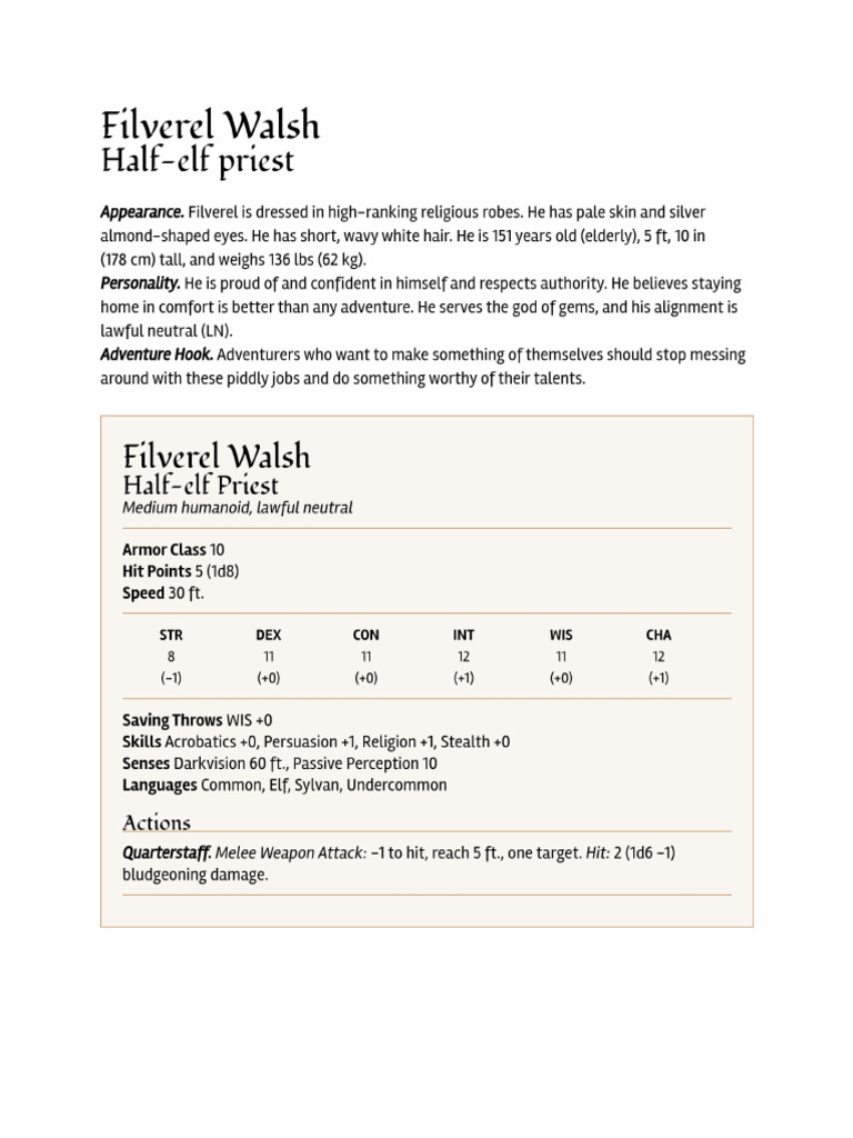 Filverel Walsh The Half-Elf Priest | PDF