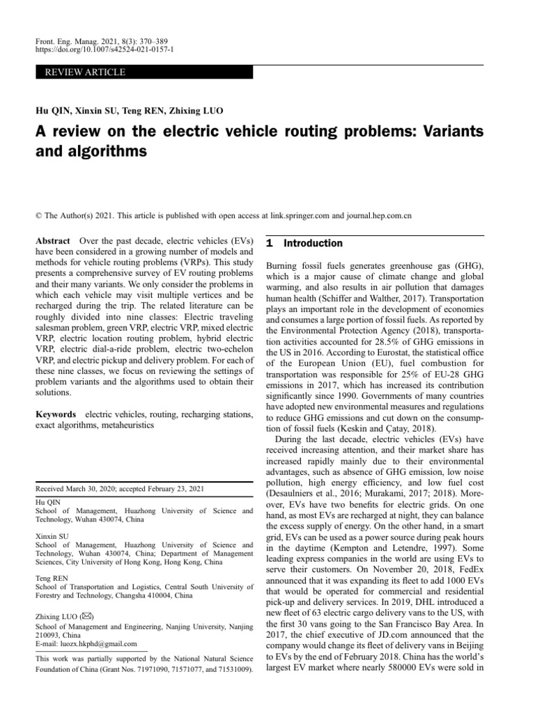 A Review On The Electric Vehicle Routing Problems Variants Pdf