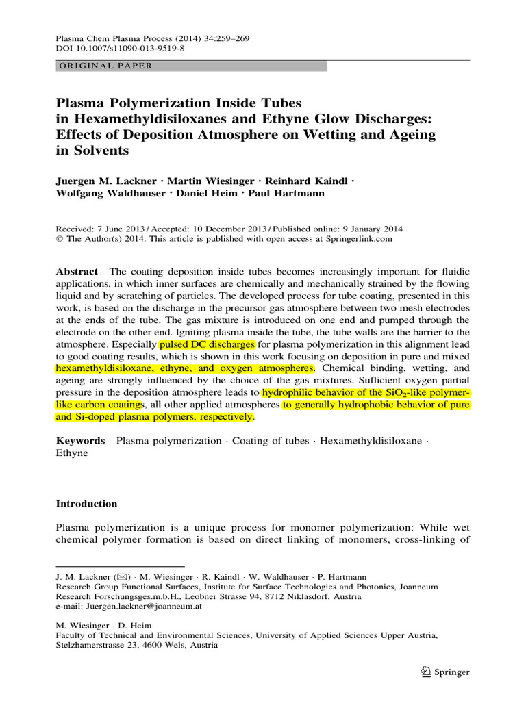 Ethyne Plasma Polymerization in Tubes | PDF | Vacuum Tube | X Ray ...