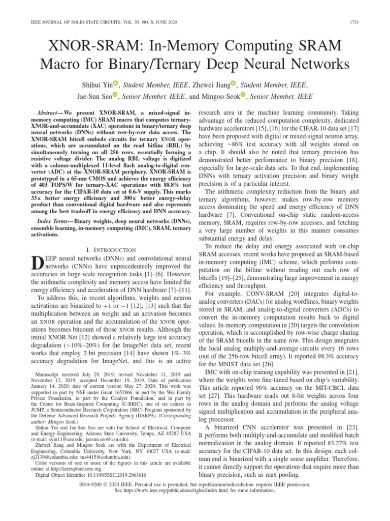 XNOR-SRAM In-Memory Computing SRAM Macro For Binary Ternary Deep Neural Networks | PDF