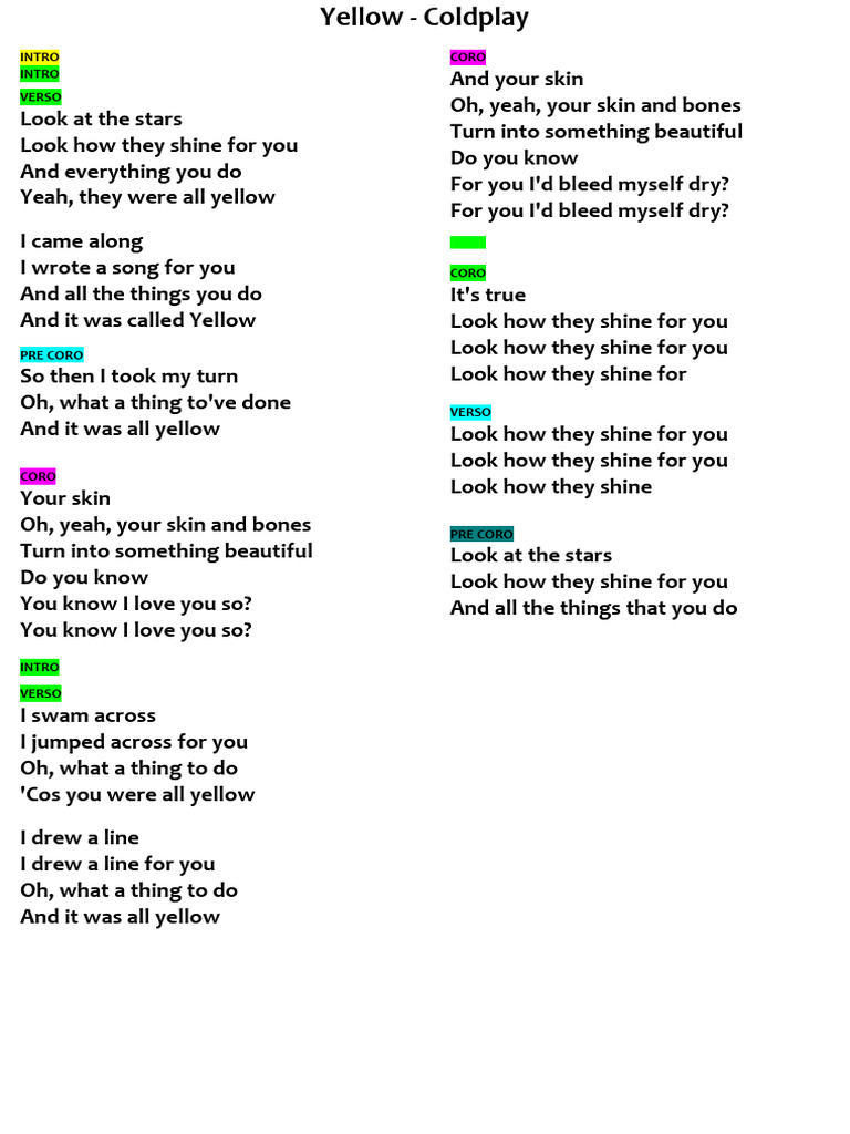 Yellow - Coldplay (Letra) | PDF