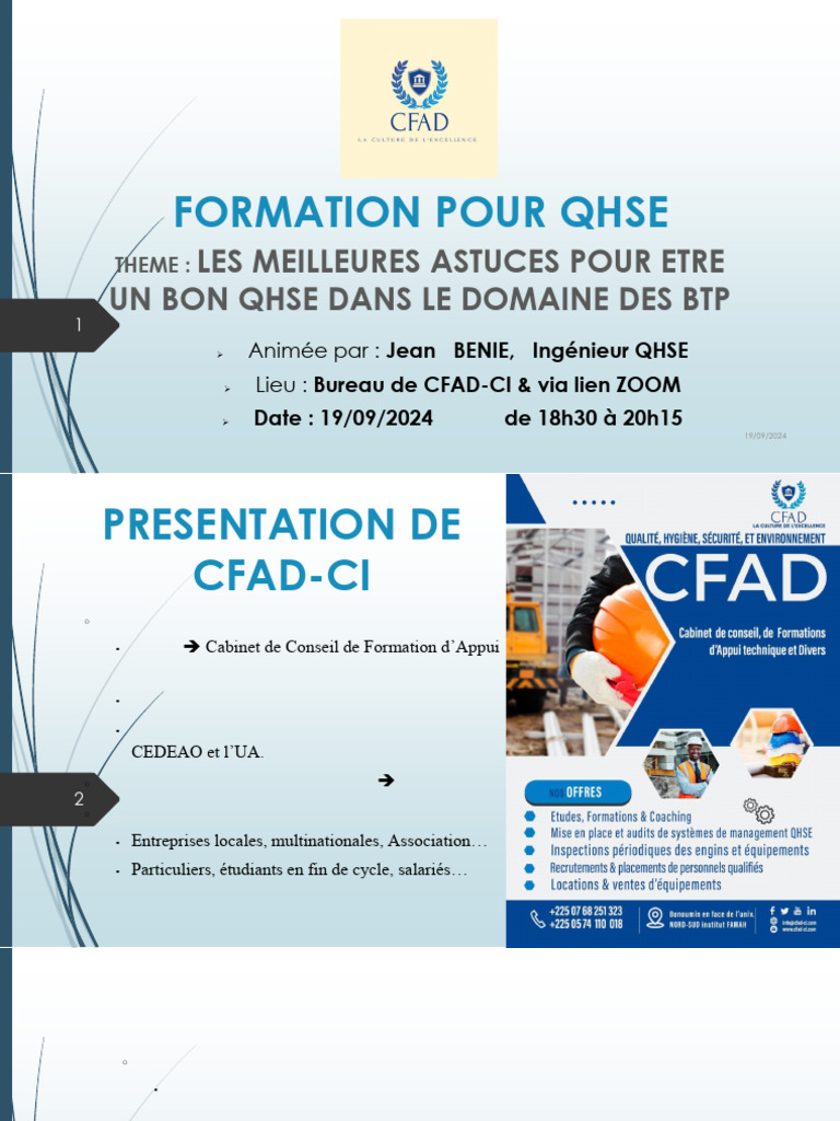 Presentation CFAD Astuces Pour Être Un Bon QHSE Dans Le Domaine Des BTP | PDF