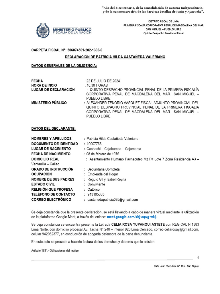 Caso 1393-2024 Declaración de Hilda Castañeda Valeriano | PDF