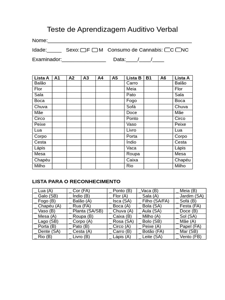 Teste de Aprendizagem Auditivo Verbal | PDF