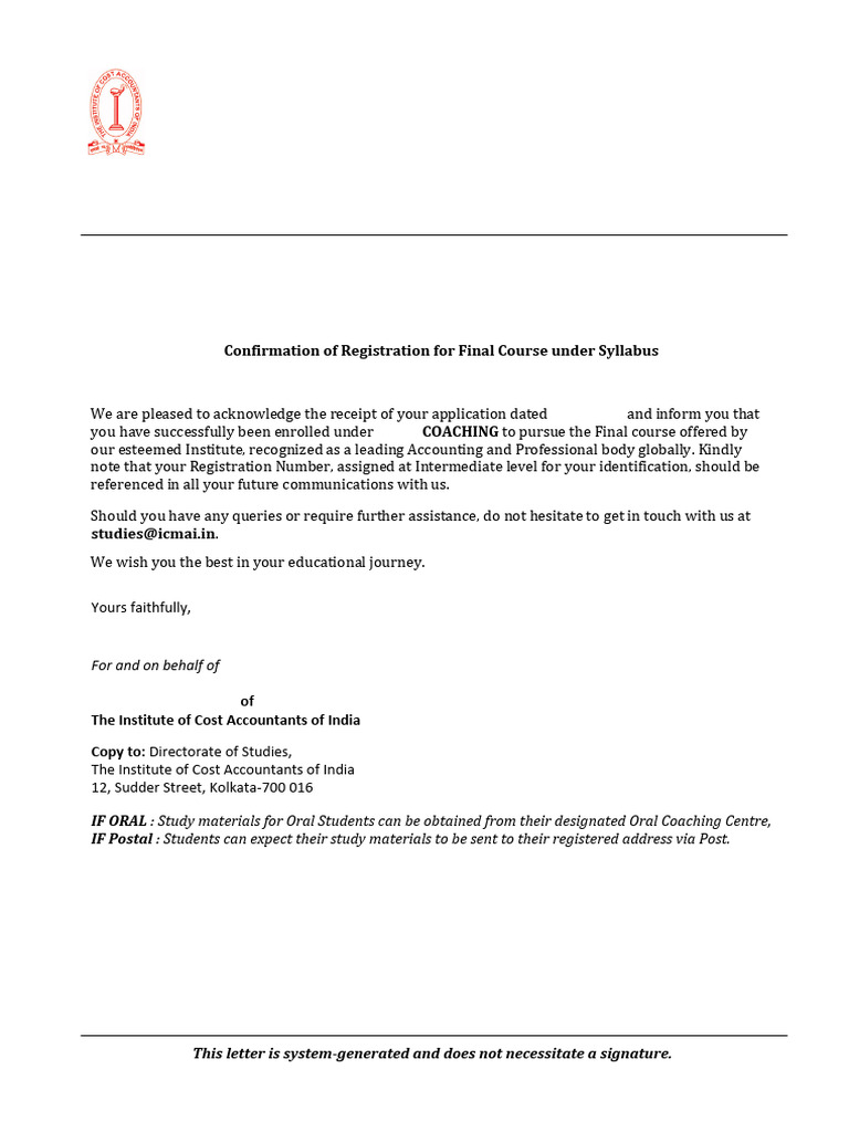 Confirmation of Final Course Registration | PDF