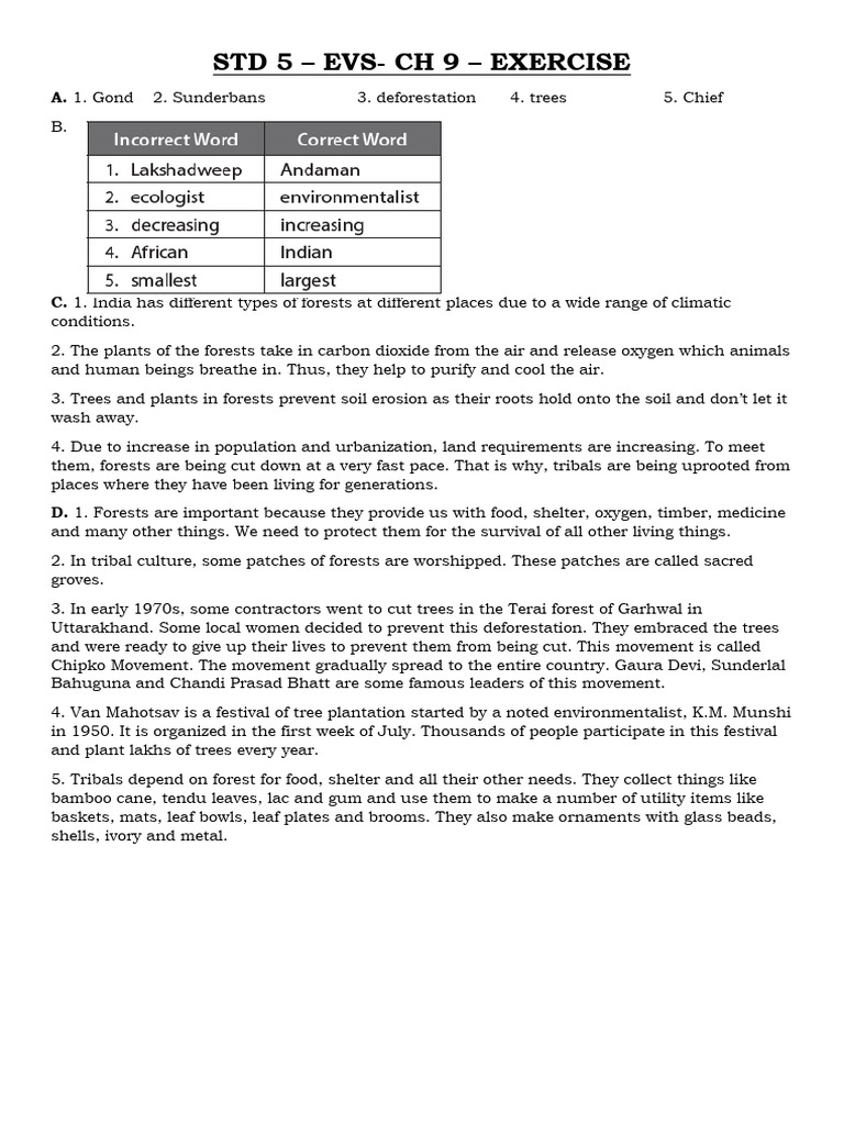 STD 5 - Evs - CH 9 - Exercise | PDF