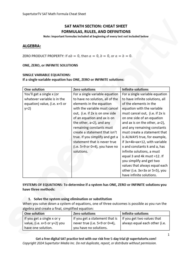 Digital SAT Math Cheat Sheet 1 | PDF