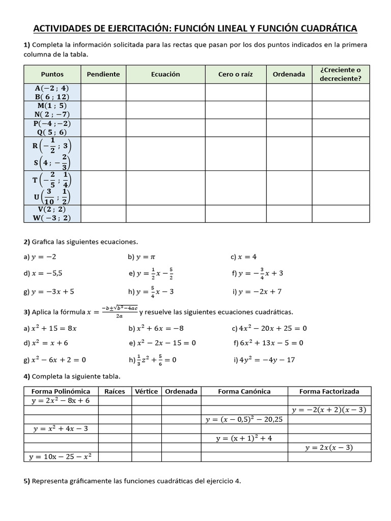 Actividades de Ejercitación - Función Lineal y Función Cuadrática | PDF | Ciencia y matemáticas ...