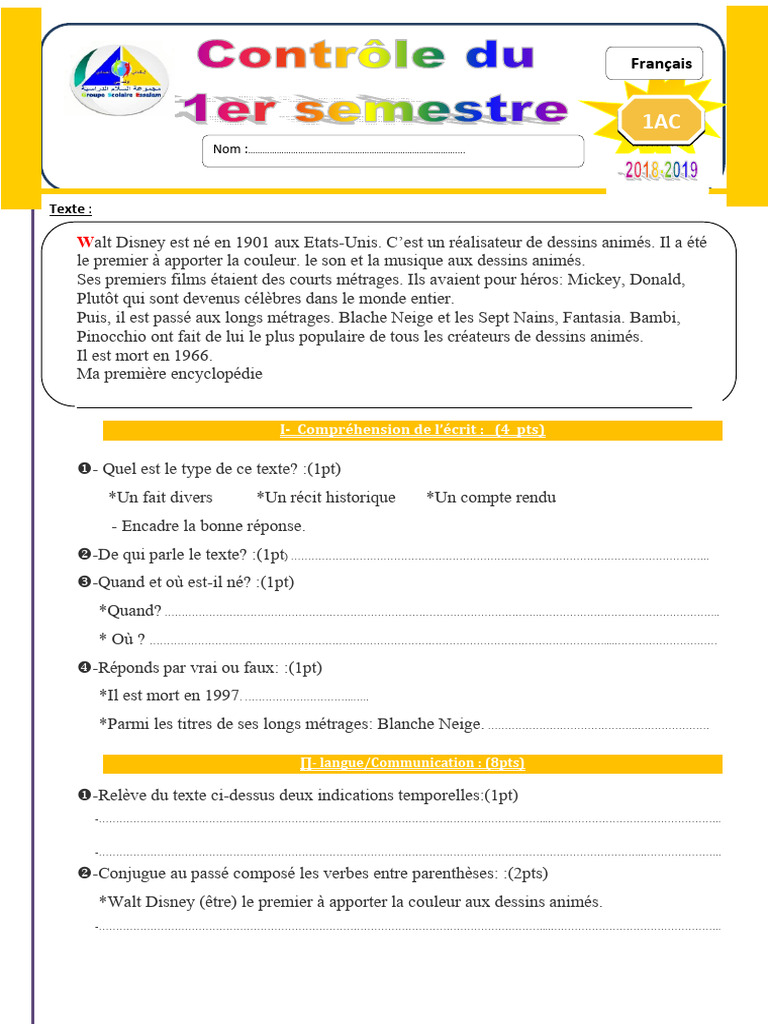 Devoir 1 Palier 1 Francais 1term 1ere College Pdf