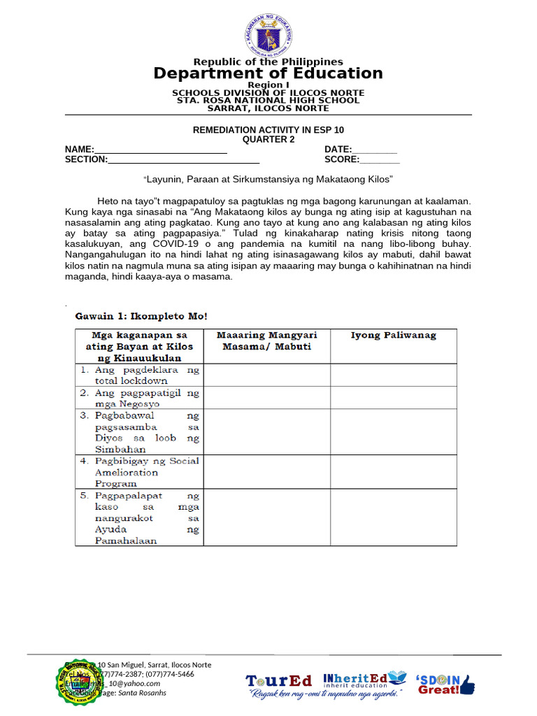 Remediation Activity in Esp 10 Work 2 | PDF