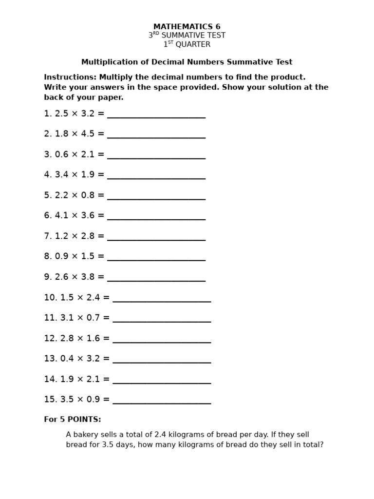 6th Grade Decimal Multiplication Test | PDF