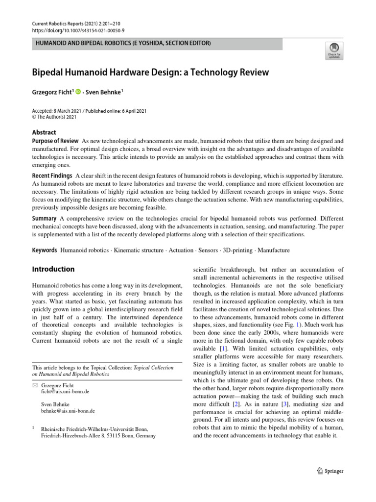 Bipedal Humanoid Hardware Design: A Technology Review: Grzegorz Ficht ...