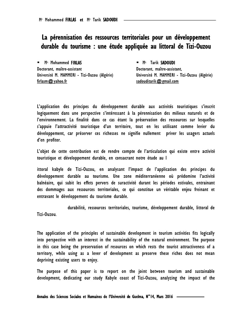 La Pérennisation Des Ressources Territoriales Pour Un Développement Durable Du Tourisme Une ...