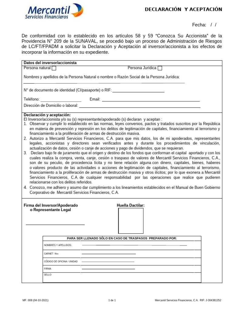 Mf. 008 Modelo de Declaraci++ N y Aceptaci++ N Conozca Su Accionista MSF 04.10.2021 | PDF