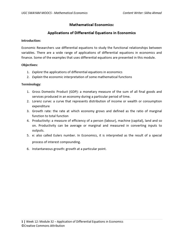 Applications of Differential Equations in Economics | PDF