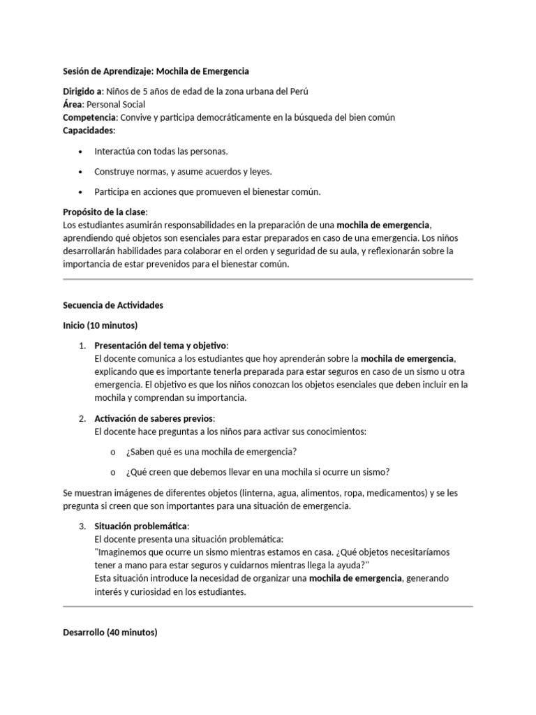 Sesión de Aprendizaje Mochila de Emergencia | PDF Sesión de Aprendizaje Mochila de Emergencia | PDF