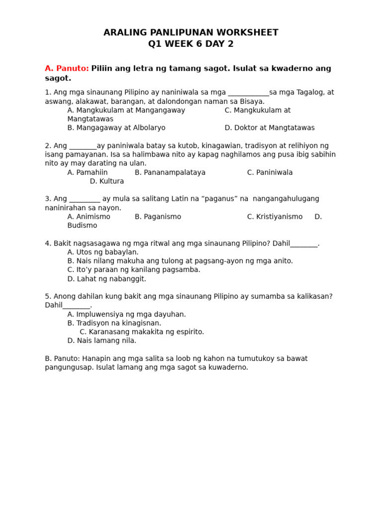 AP Worksheet q1 Week 6 Day 2 | PDF