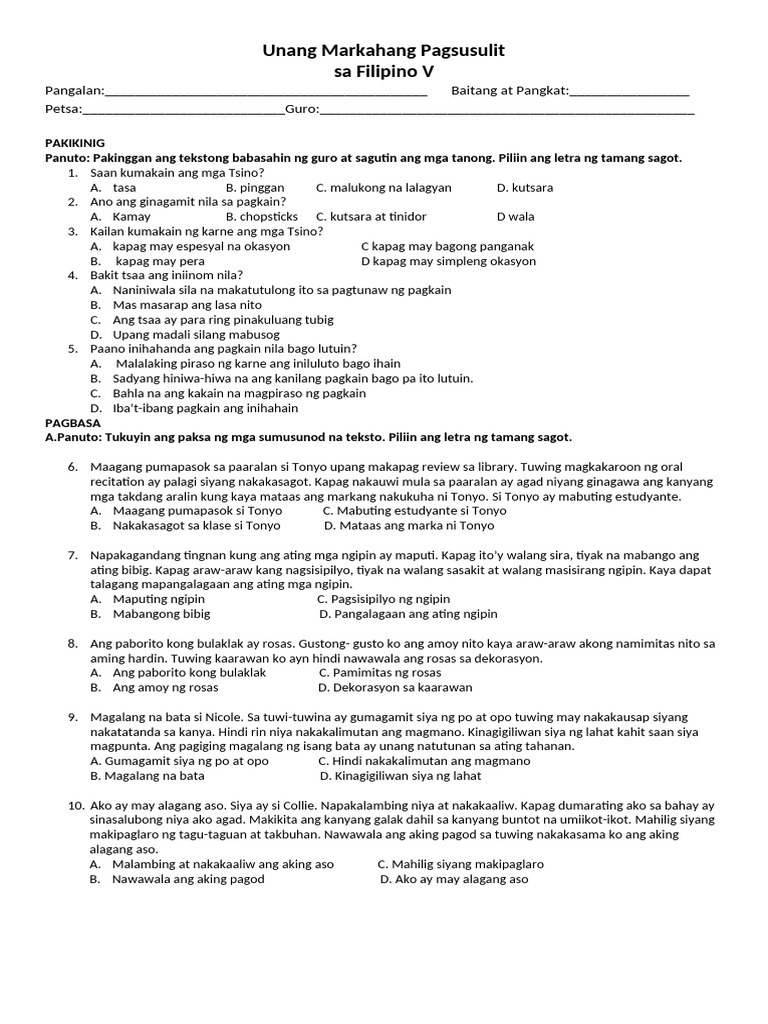 Filipino5 Unang Markahang Pagsusulit Tos Answer Key | PDF